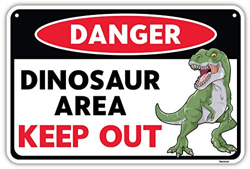 Venicor Dinosaur Sign - 8 x 12 Inches - Aluminum - Dinosaur Room Decor for Boys - Dinosaur Decor Boys Room - T Rex Dinosaur Bedroom Decor for Boys Kids Decorations Lover Gifts Wall Art Poster Stuff