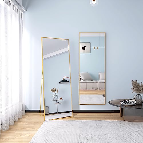 65" x 24" Wall Mounting Full Body Mirror, Full Length Mirror with Stand, Alloy Frame Full-Length Mirror for Living Room, Bedroom (Gold)