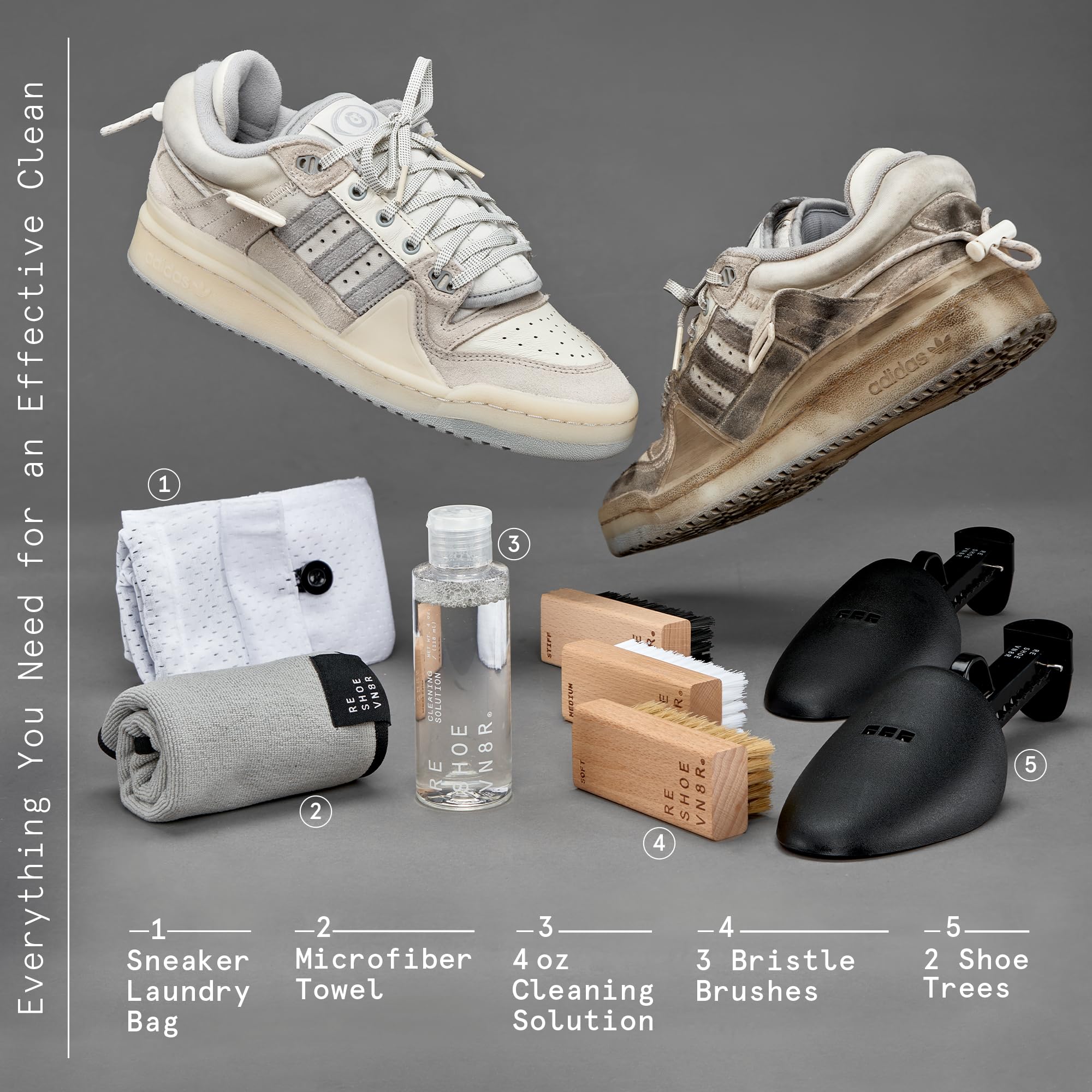Reshoevn8r Shoe Cleaner Sneakers Kit, Signature Kit - Sneaker Cleaner for Suede Canvas Leather Mesh Knit Nubuck Shoes - 4oz Cleaning Solution & Conditioner, 2 Shoe Trees, 3 Brushes & Microfiber Towel