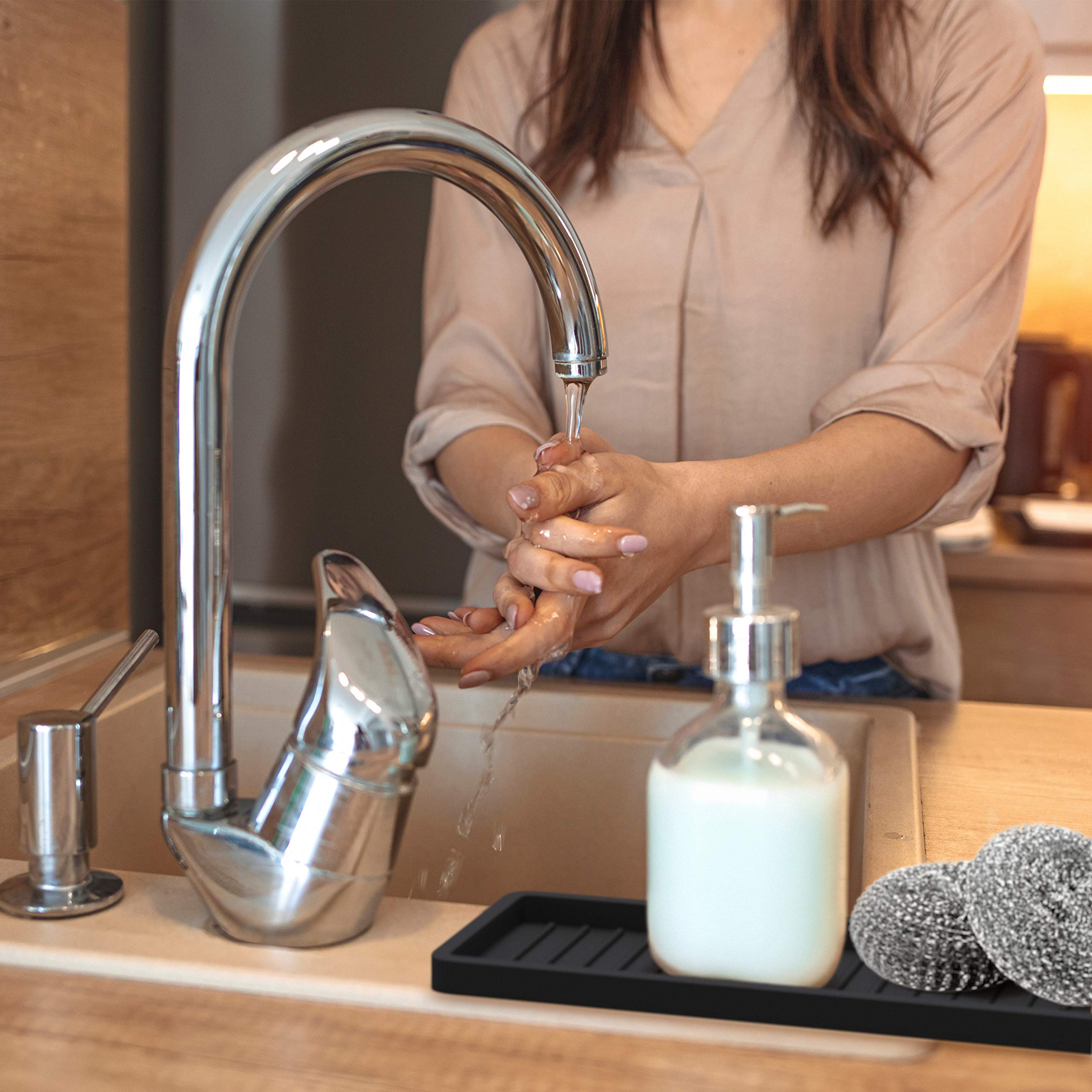 ZAPPOWARE Silicone Kitchen Sink Caddy Sponge Holder 12"x4.7", Black - Bathroom Vanity Tray Organizer, Soap Tray for Dish Scrubber, Soap Dispenser