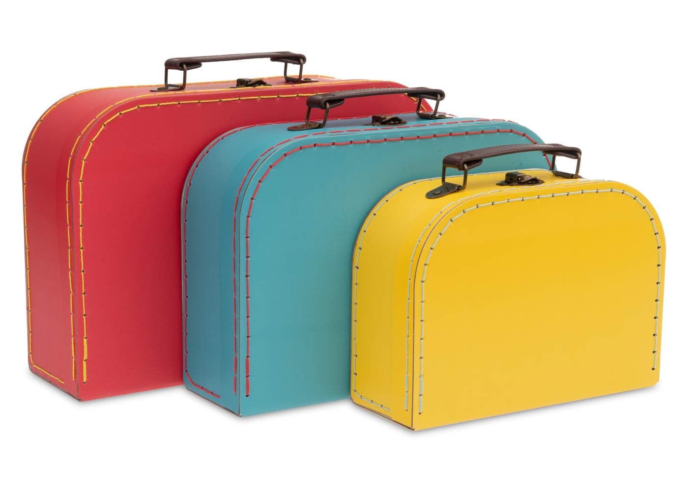 Jewelkeeper Decorative Storage Boxes Set of 3 - World Map Mini Suitcase Style Cardboard Suitcase with Brass Clasps and Handle - Ideal for Travel Decor, Event Props and Gift Presentation