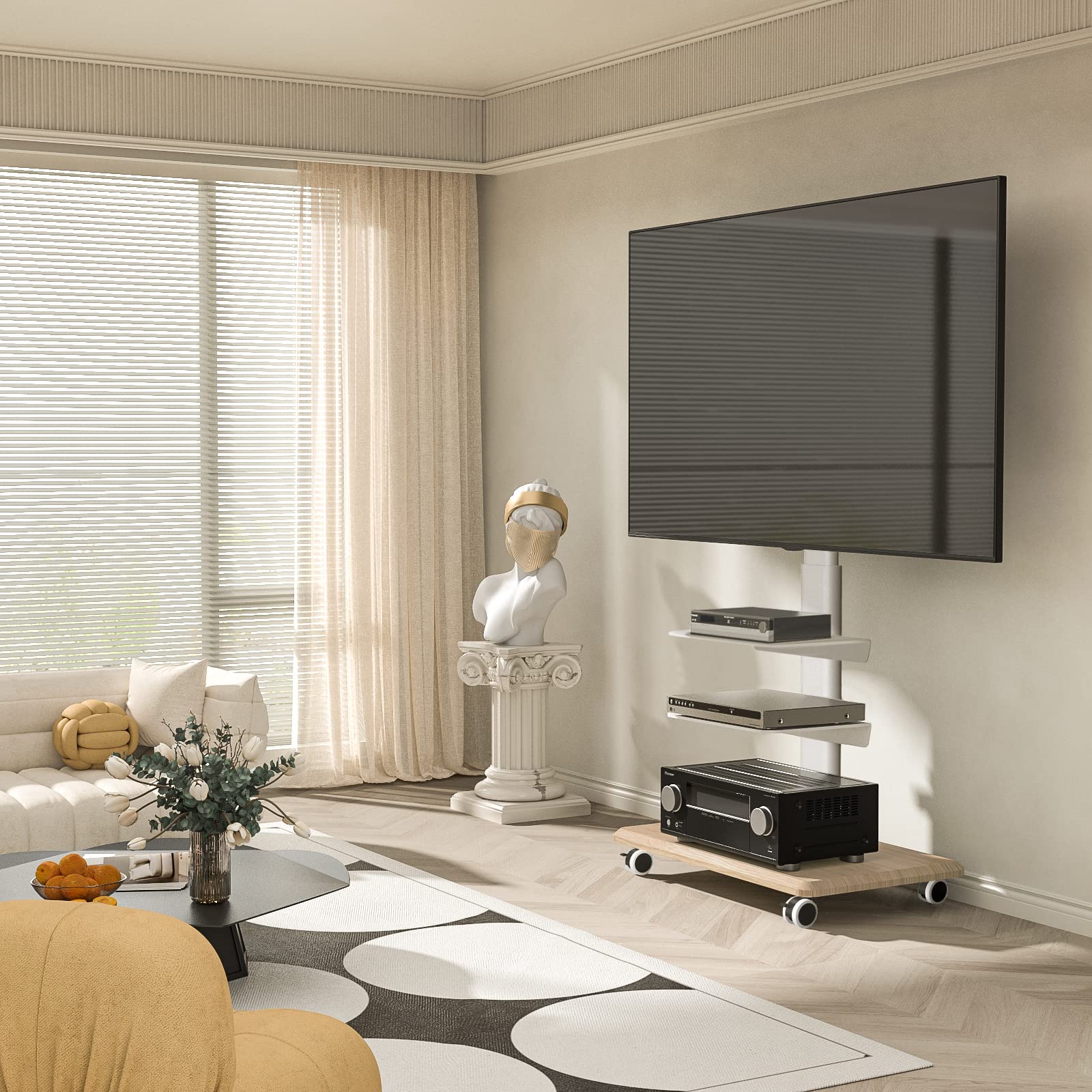 Rolling Floor TV Stand with Swivel Mount for 40-75 Inch Flat Screen/Curved TVs, 3-Shelf Heavy Duty Portable Mobile TV Cart with Wheels, Universal Tall TV Mount Trolley for Home and Office, White