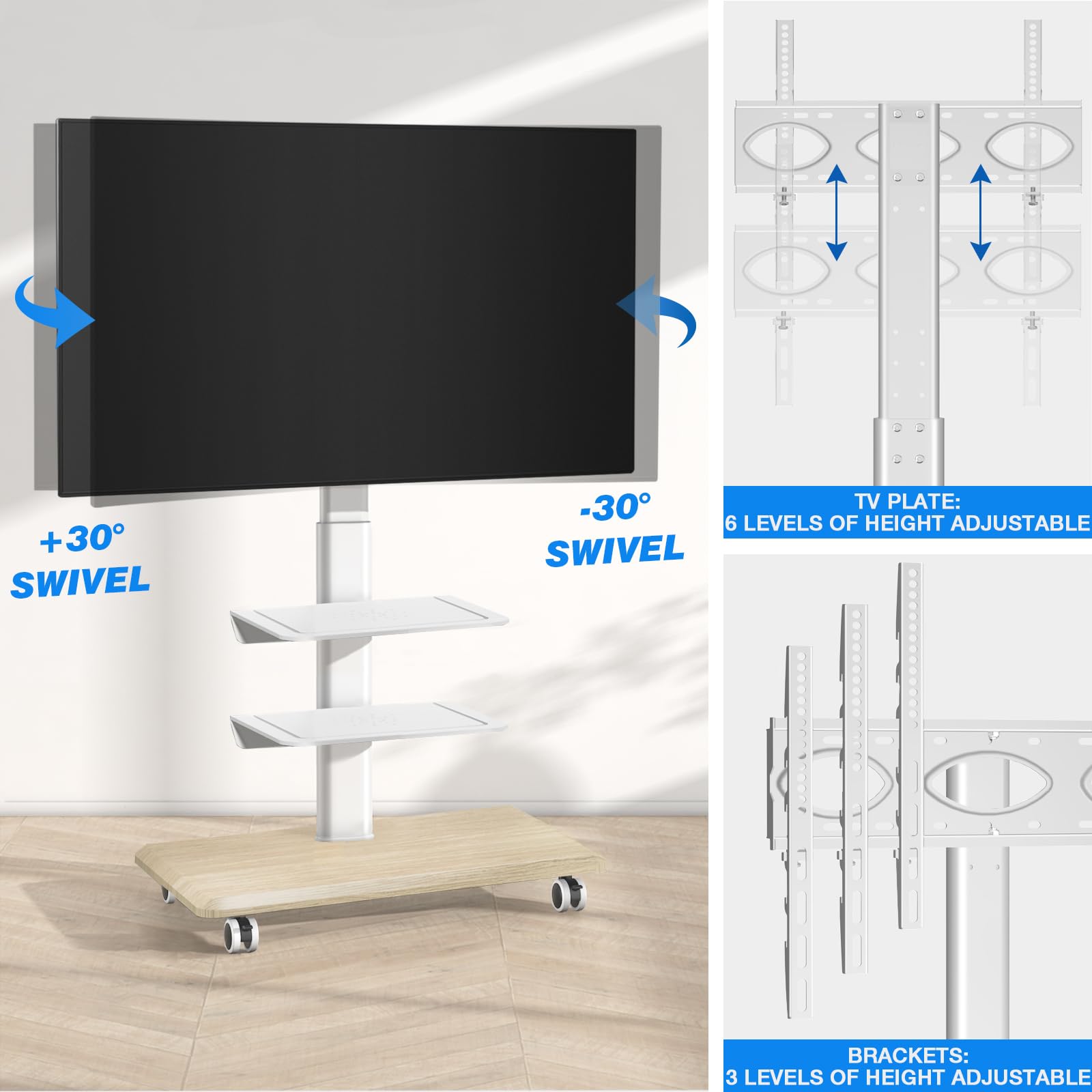 Rolling Floor TV Stand with Swivel Mount for 40-75 Inch Flat Screen/Curved TVs, 3-Shelf Heavy Duty Portable Mobile TV Cart with Wheels, Universal Tall TV Mount Trolley for Home and Office, White