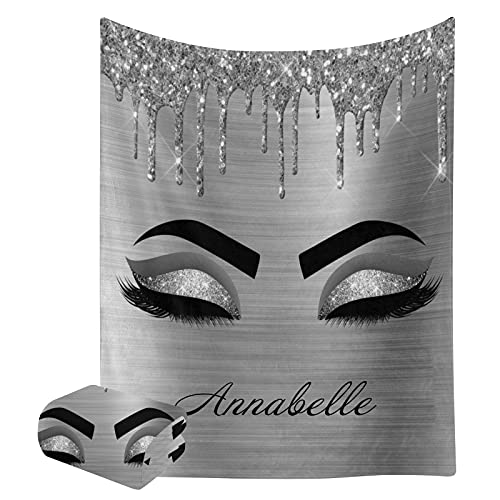 CUXWEOT Custom Blanket Personalized Silver Glitter Sparkle Eyelashes Print Soft Fleece Throw Blanket with Name for Gifts Sofa Bed 50 X 60 inches
