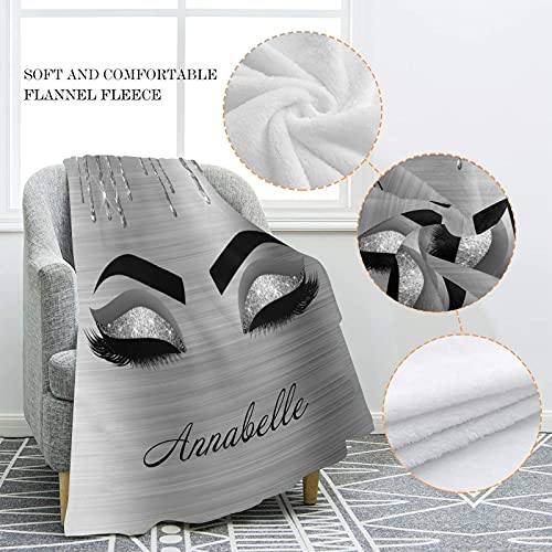 CUXWEOT Custom Blanket Personalized Silver Glitter Sparkle Eyelashes Print Soft Fleece Throw Blanket with Name for Gifts Sofa Bed 50 X 60 inches
