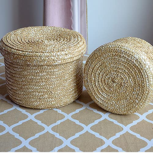 Zhuxin Woven Straw Storage Baskets with Lid, Rattan Snack Container Multipurpose Bins Laundry Toys Organizer Household, Round Mini 14cm In Diameter 13cm In Height