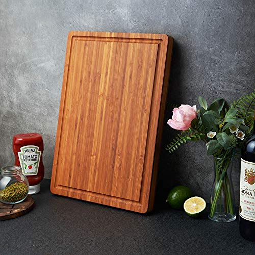 Large Wood Cutting Board for Kitchen, 1” Thick Bamboo Cheese Charcuterie Board, Butcher Chopping Block, with Juice Grooves and Handles