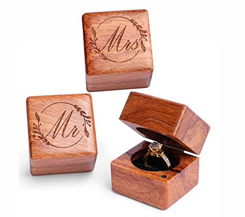 Mr. and Mrs. Ring Box ā Handmade Wood Ring Box for Wedding day Ring Boxes Small Engraved for Engagement/Proposal, Rustic Ring Box, Ring Storage Box Engagement Gift (Wood Ring Box - Flower 2 PCs)