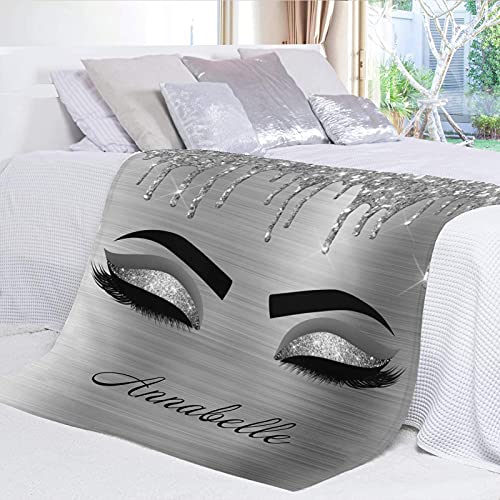 CUXWEOT Custom Blanket Personalized Silver Glitter Sparkle Eyelashes Print Soft Fleece Throw Blanket with Name for Gifts Sofa Bed 50 X 60 inches