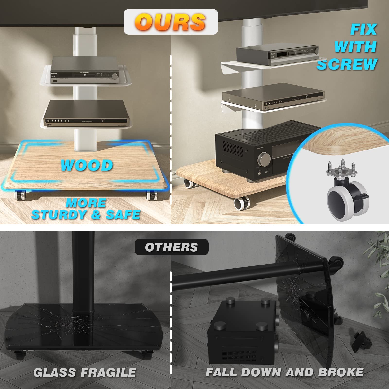 Rolling Floor TV Stand with Swivel Mount for 40-75 Inch Flat Screen/Curved TVs, 3-Shelf Heavy Duty Portable Mobile TV Cart with Wheels, Universal Tall TV Mount Trolley for Home and Office, White