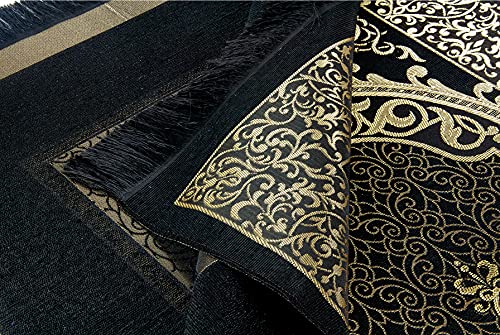 Muslim Prayer Rug and Prayer Beads with Elegant Design Cylinder Gift Box | Janamaz | Sajadah | Soft Islamic Prayer Rug | Islamic Gifts Set | Prayer Carpet Mat, Taffeta Fabric, Black