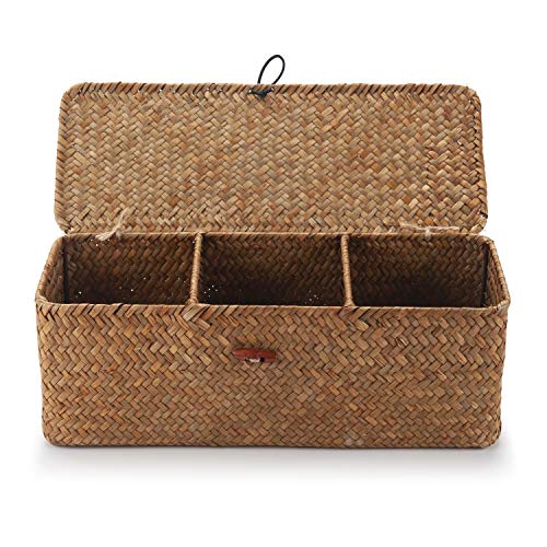 DOKOT Woven Basket with Lid, Seagrass Storage Baskets, Wicker Basket with Lid, Woven Rattan Storage Basket with Lid, Rectangular Seagrass Bin with Grid Home Organizer, Rattan Storage with Lid