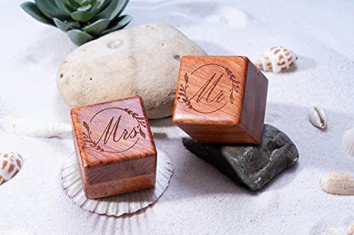 Mr. and Mrs. Ring Box – Handmade Wood Ring Box for Wedding day Ring Boxes Small Engraved for Engagement/Proposal, Rustic Ring Box, Ring Storage Box Engagement Gift (Wood Ring Box - Flower 2 PCs)