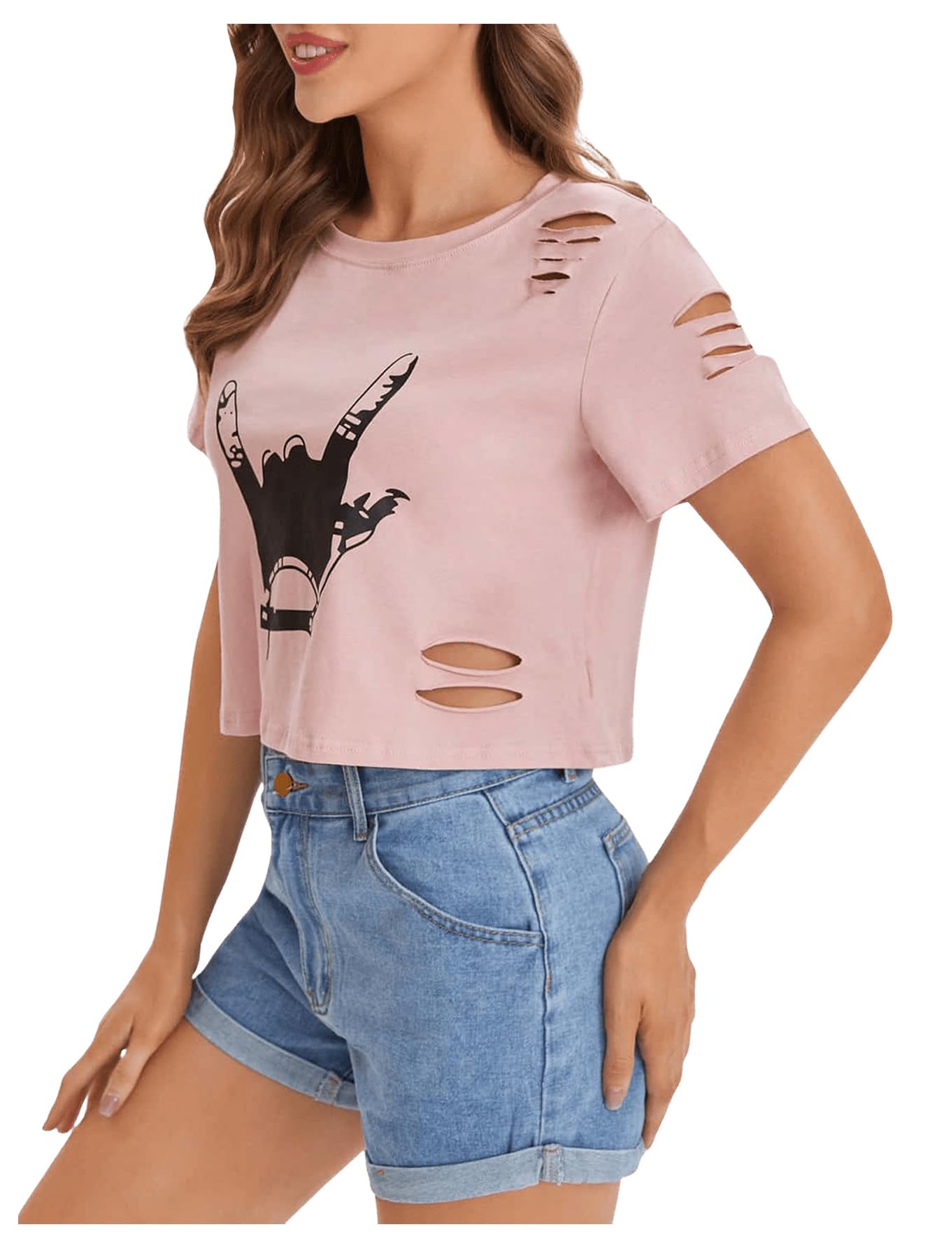SweatyRocks Women's Short Sleeve T Shirt Graphic Print Distressed Crop Top Gesture Light Pink Small