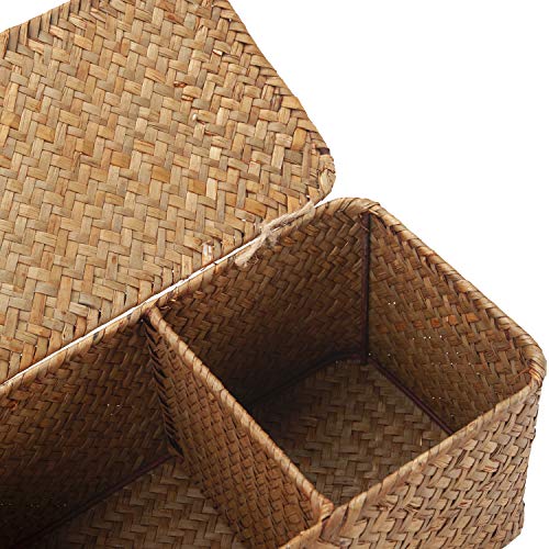 DOKOT Woven Basket with Lid, Seagrass Storage Baskets, Wicker Basket with Lid, Woven Rattan Storage Basket with Lid, Rectangular Seagrass Bin with Grid Home Organizer, Rattan Storage with Lid