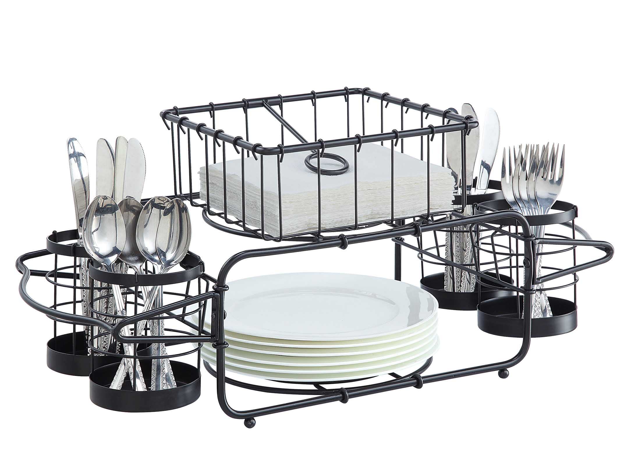 Giftburg Farm Buffet Caddy Tabletop Organizer, Flatware Napkin and Plate Picnic Caddy Stackable Serving Set, Black