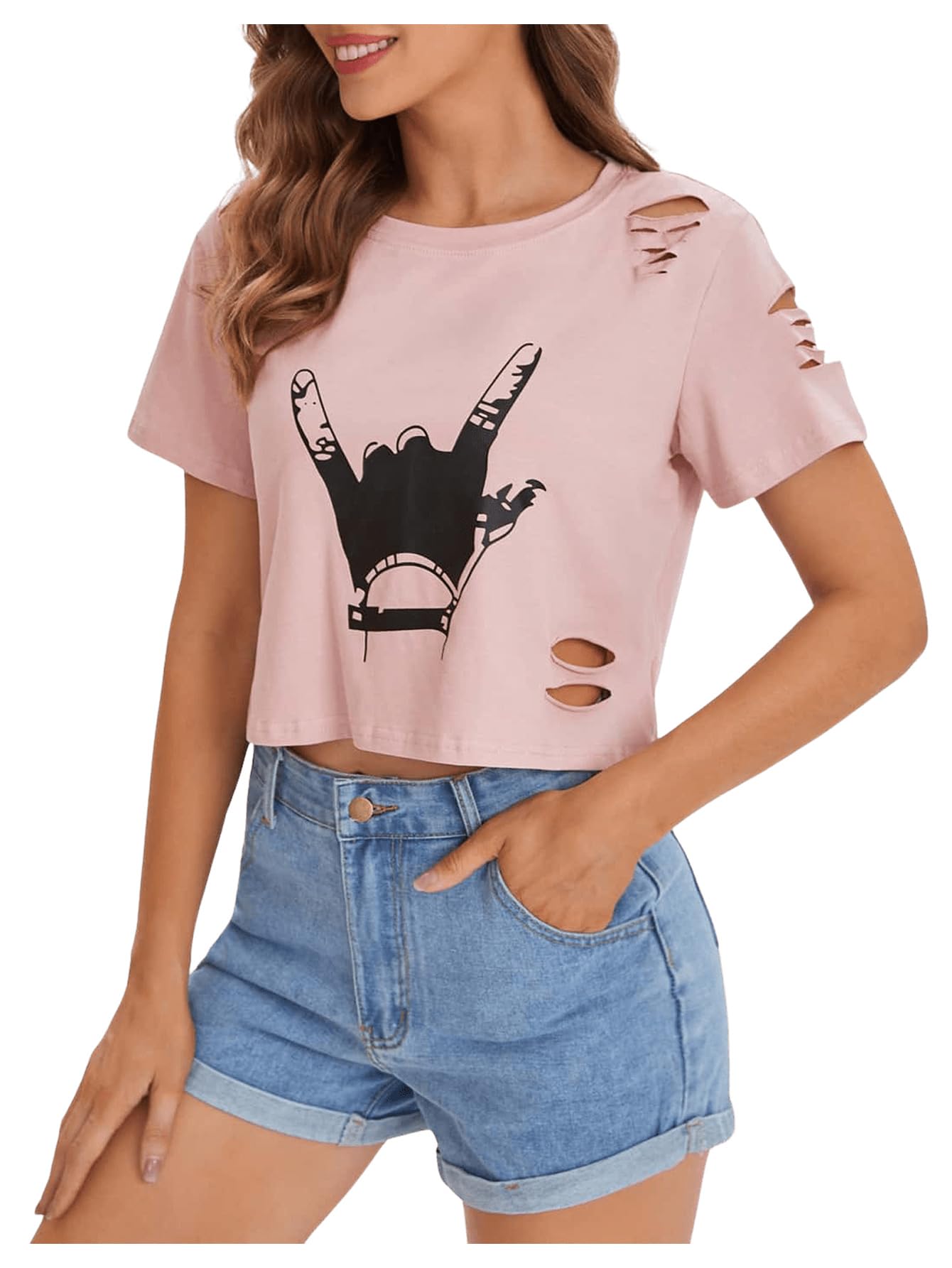 SweatyRocks Women's Short Sleeve T Shirt Graphic Print Distressed Crop Top Gesture Light Pink Small