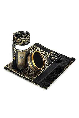 Muslim Prayer Rug and Prayer Beads with Elegant Design Cylinder Gift Box | Janamaz | Sajadah | Soft Islamic Prayer Rug | Islamic Gifts Set | Prayer Carpet Mat, Taffeta Fabric, Black