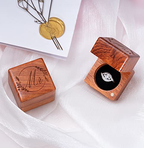 Mr. and Mrs. Ring Box – Handmade Wood Ring Box for Wedding day Ring Boxes Small Engraved for Engagement/Proposal, Rustic Ring Box, Ring Storage Box Engagement Gift (Wood Ring Box - Flower 2 PCs)