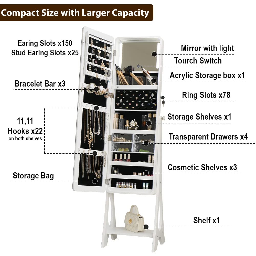 MASMIRE Standing Mirror With Jewelry Storage And Built-In Small Mirror - 63" H Lockable Full Length Mirror Jewelry Armoire, Mirror Jewelry Cabinet With 4 Drawers and Storage Shelf - White