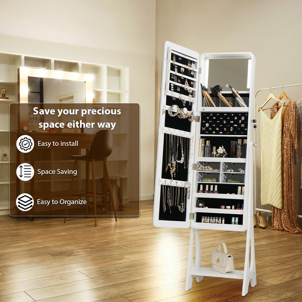 MASMIRE Standing Mirror With Jewelry Storage And Built-In Small Mirror - 63" H Lockable Full Length Mirror Jewelry Armoire, Mirror Jewelry Cabinet With 4 Drawers and Storage Shelf - White
