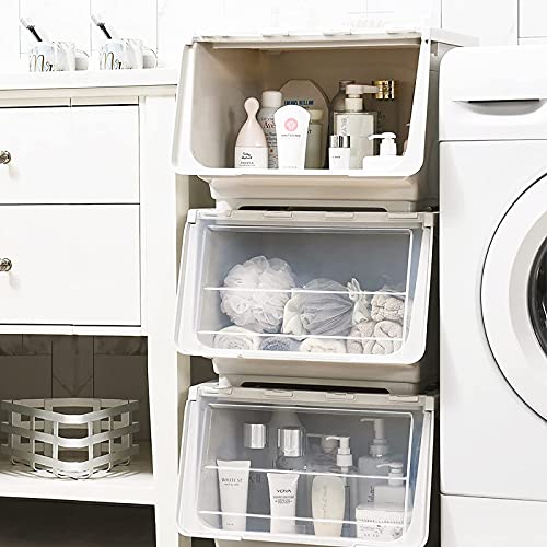NC 3 Pack Large Stackable Plastic Storage Bin Tote with Clear Lids,Storage Box with Detachable Wheels(11 Gal,White,Large