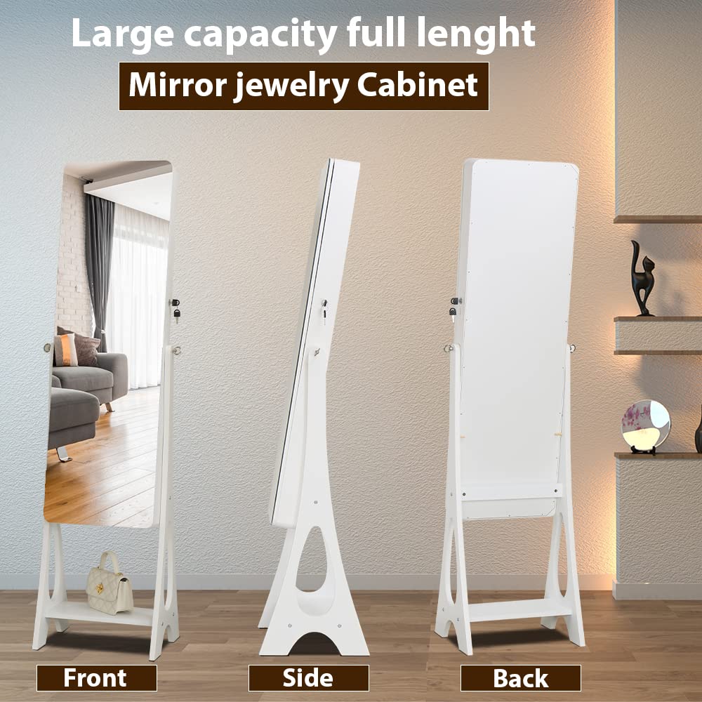 MASMIRE Standing Mirror With Jewelry Storage And Built-In Small Mirror - 63" H Lockable Full Length Mirror Jewelry Armoire, Mirror Jewelry Cabinet With 4 Drawers and Storage Shelf - White