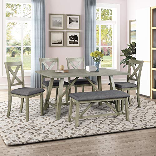 Merax 6-Piece Rustic Style Rectangular Wooden Dining Table Set with Padded Bench and 4 Chairs, Gray