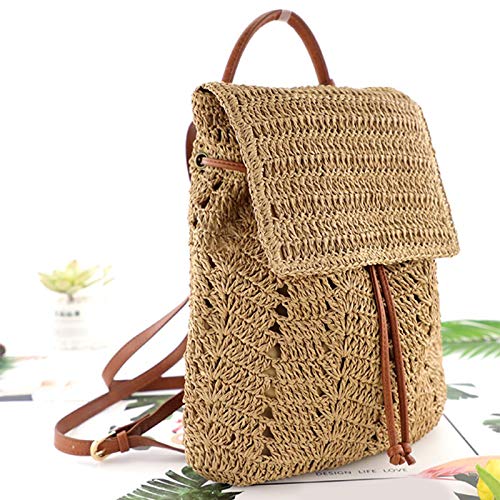 Monique Women Straw Handmade Crochet Backpack Flap Drawstring Shoulders Bag Casual Beach Daypack