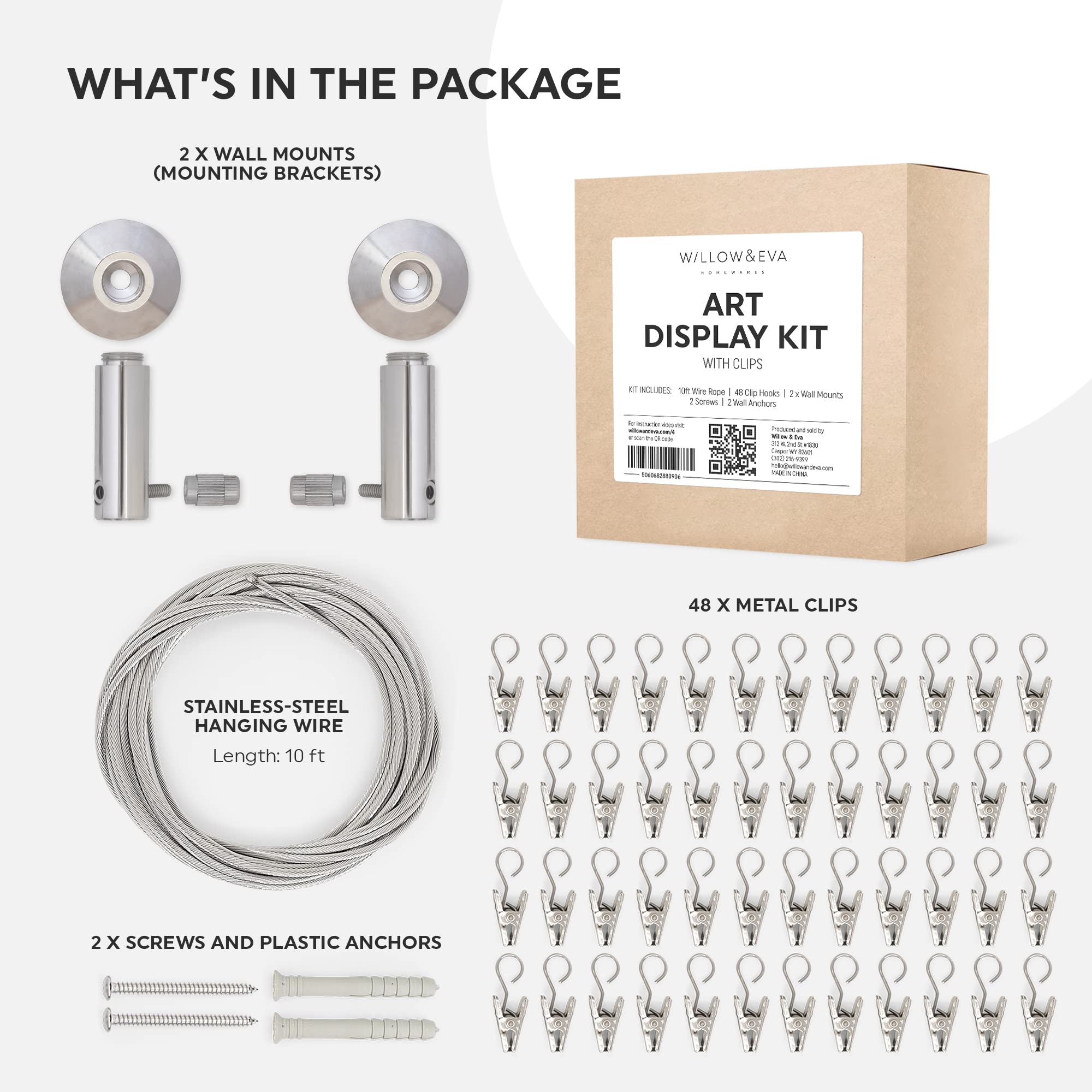 Art Display for Kids Artwork - 10ft Alloy Steel Wire with 48 Clips | Willow & Eva