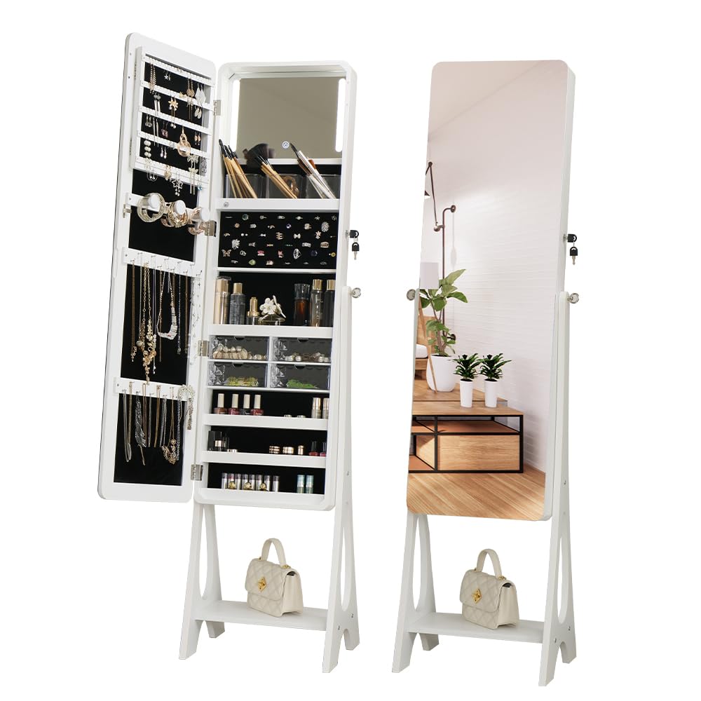 MASMIRE Standing Mirror With Jewelry Storage And Built-In Small Mirror - 63" H Lockable Full Length Mirror Jewelry Armoire, Mirror Jewelry Cabinet With 4 Drawers and Storage Shelf - White