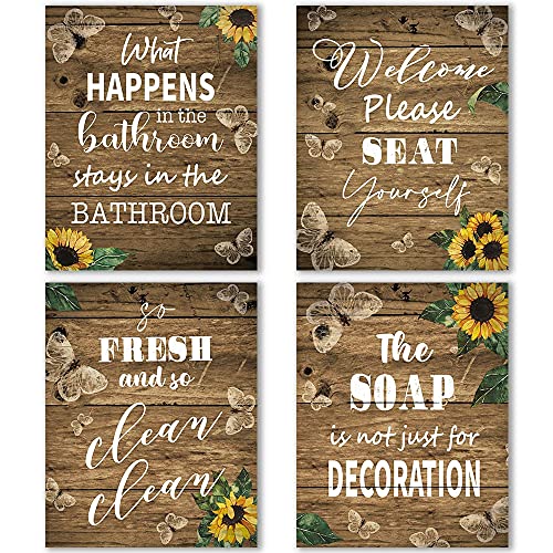 IIILUYOT Sunflower Bathroom Signs Decor Art Prints, Funny Bathroom Decor Sign Rustic Farmhouse Vintage Wood Butterfly Bathroom Wall Decorations Set of 4 Set of 4 (8”X10”) Unframed