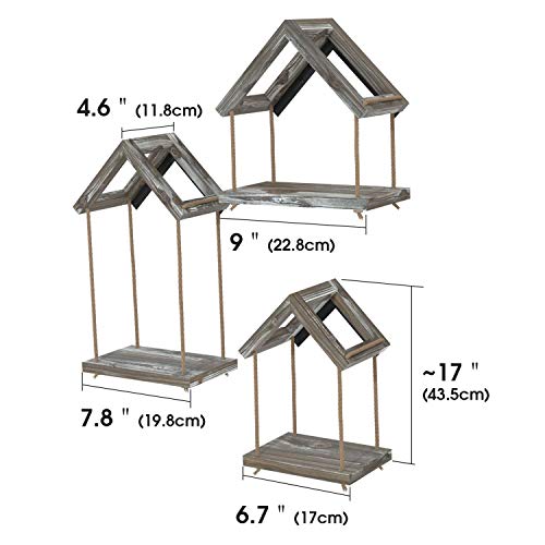 J JACKCUBE DESIGN Set of 3 Rustic Wood Floating Hanging Rope Wall Shelves, Wall Decorative Wooden Boho Decor Shelf for Living Room Bedroom Home Apartment Decor - MK664A