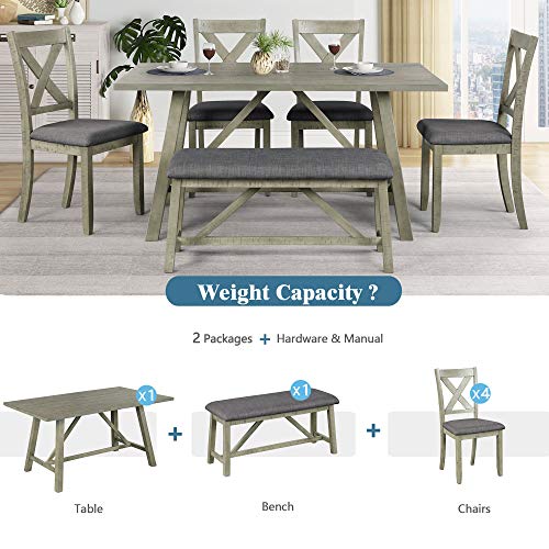Merax 6-Piece Rustic Style Rectangular Wooden Dining Table Set with Padded Bench and 4 Chairs, Gray