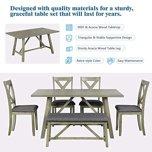 Merax 6-Piece Rustic Style Rectangular Wooden Dining Table Set with Padded Bench and 4 Chairs, Gray