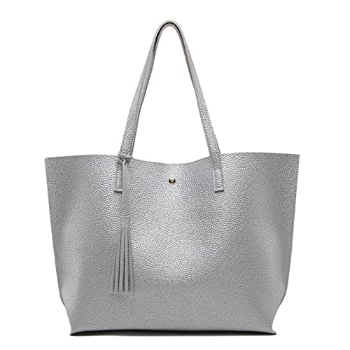 Kbinter Women's Soft Leather Tote Shoulder Bag, Big Capacity Tassel Handbag Women Large (Silver)