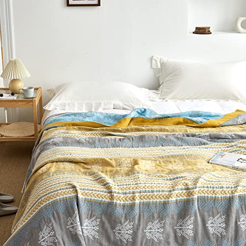 DECMAY Cotton Bohemia Throw Blanket, 5-Layer Super Soft Cozy Warm Blanket for Bed Couch. Full/Queen Size(Khaki,80"X91"