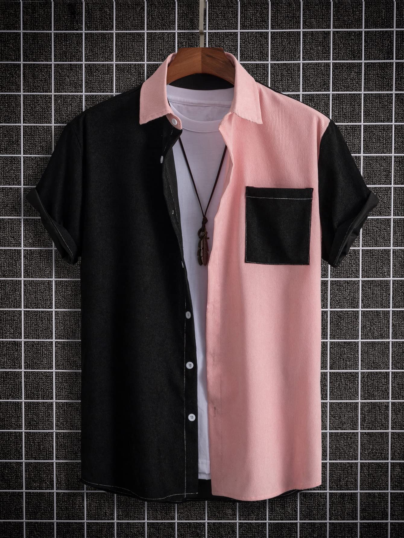 Milumia Men's Casual Button Up Shirt Pocket Short Sleeve Colorblock Blouse Tops Pink and Black Large