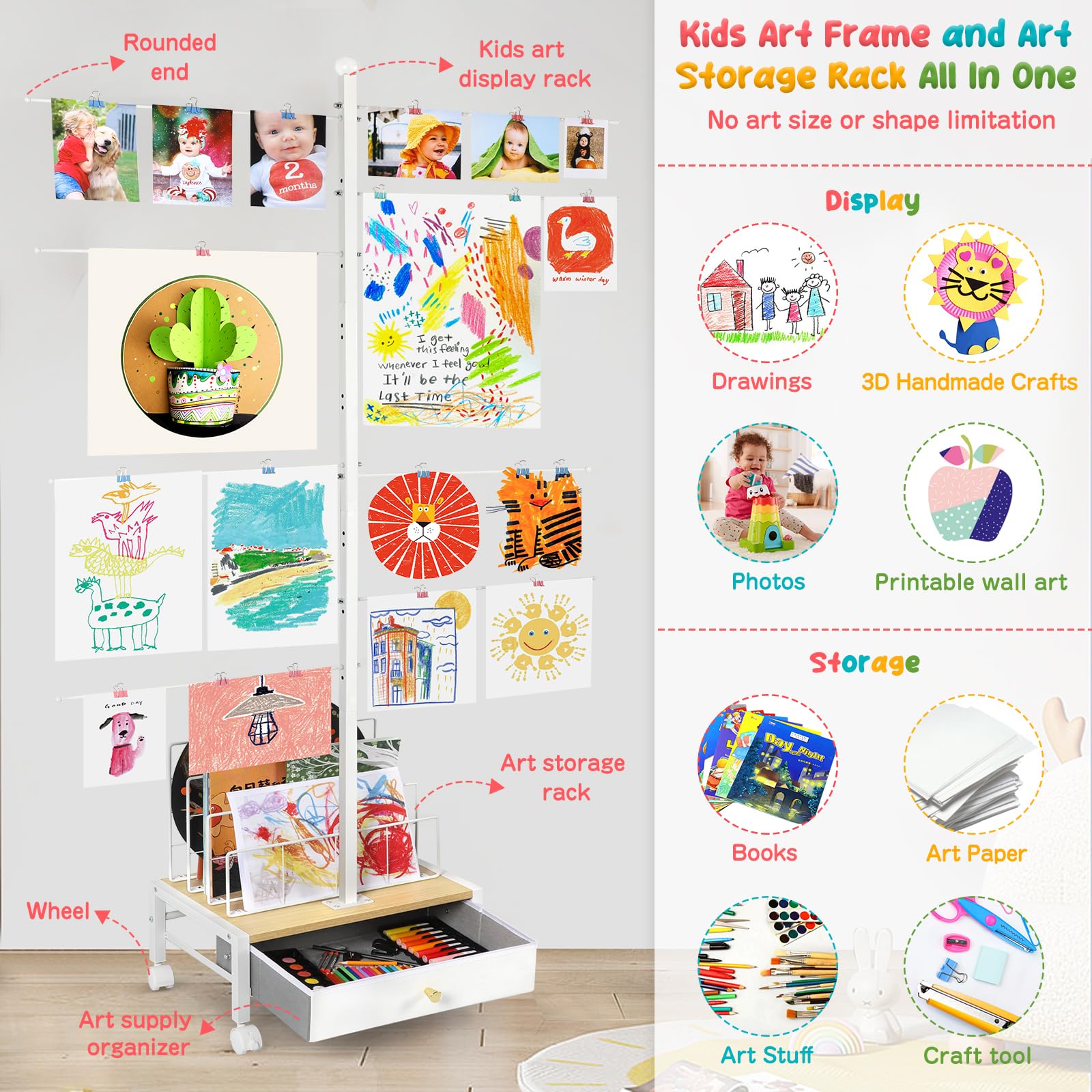 Bikoney Art Display for Kids Artwork-(30 Clips -Total 12ft Wire)-Kids Art Display-Art Drying Rack-Floor Picture Hanging System Kit for Drawing/Photo/Card/Picture Collage Display