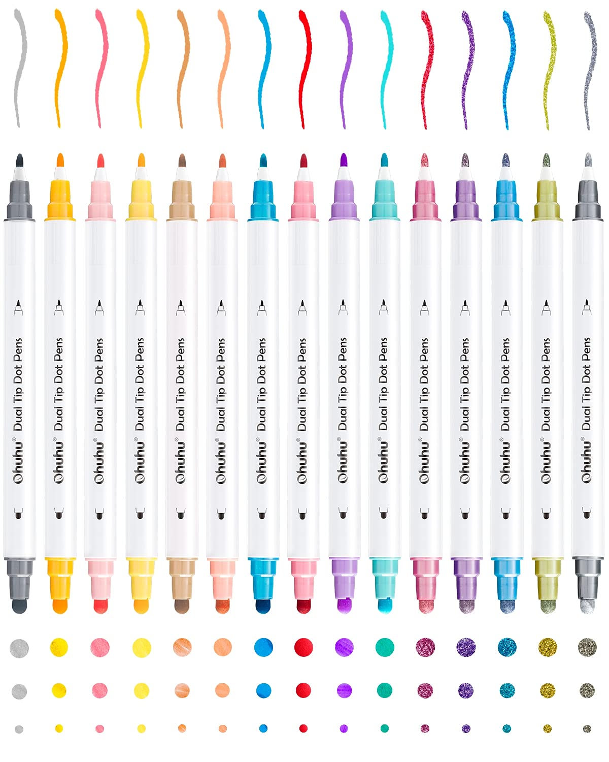 Ohuhu Dual Tip Dot Markers: 15 Colors Dot Marker Pens (Fine & Dot) for Kids Adults Water-Based Ink Metallic & Regular Colors Dot Pens for Journaling Scrapbooking DIY Highlighting Drawing Markers