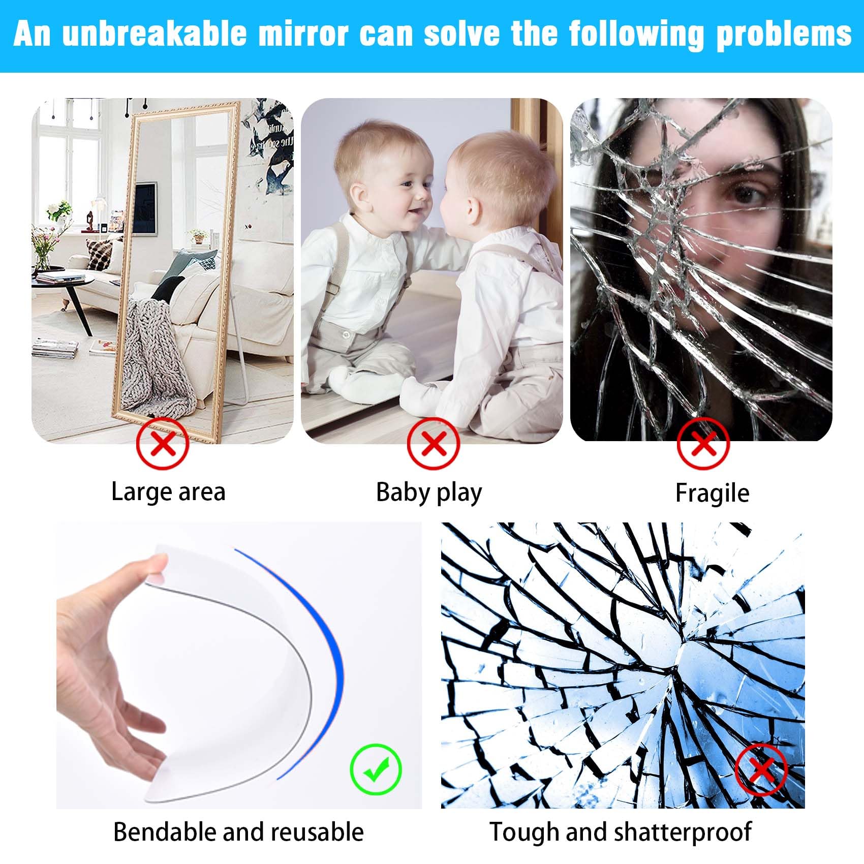 CEYAZYE 4PCS Full Body Mirror Stickers, 11.8'' x 11.8'' Acrylic Silver Wall Mirrors, 3D Square Wall Decor, DIY Self-Adhesive Art Sticker Decal for Living Room Bedroom Nursery and Playroom