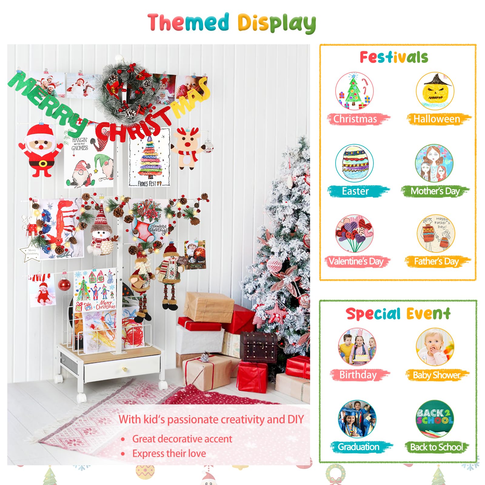 Bikoney Art Display for Kids Artwork-(30 Clips -Total 12ft Wire)-Kids Art Display-Art Drying Rack-Floor Picture Hanging System Kit for Drawing/Photo/Card/Picture Collage Display