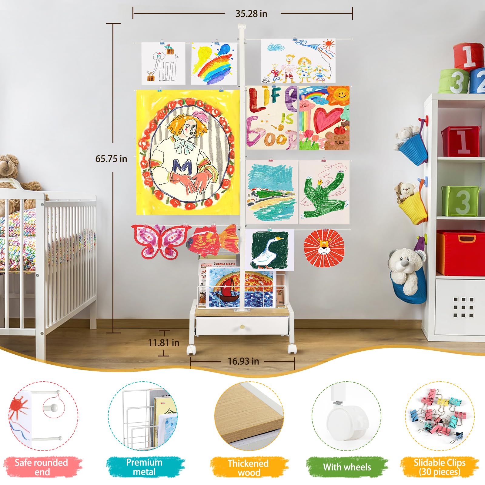 Bikoney Art Display for Kids Artwork-(30 Clips -Total 12ft Wire)-Kids Art Display-Art Drying Rack-Floor Picture Hanging System Kit for Drawing/Photo/Card/Picture Collage Display