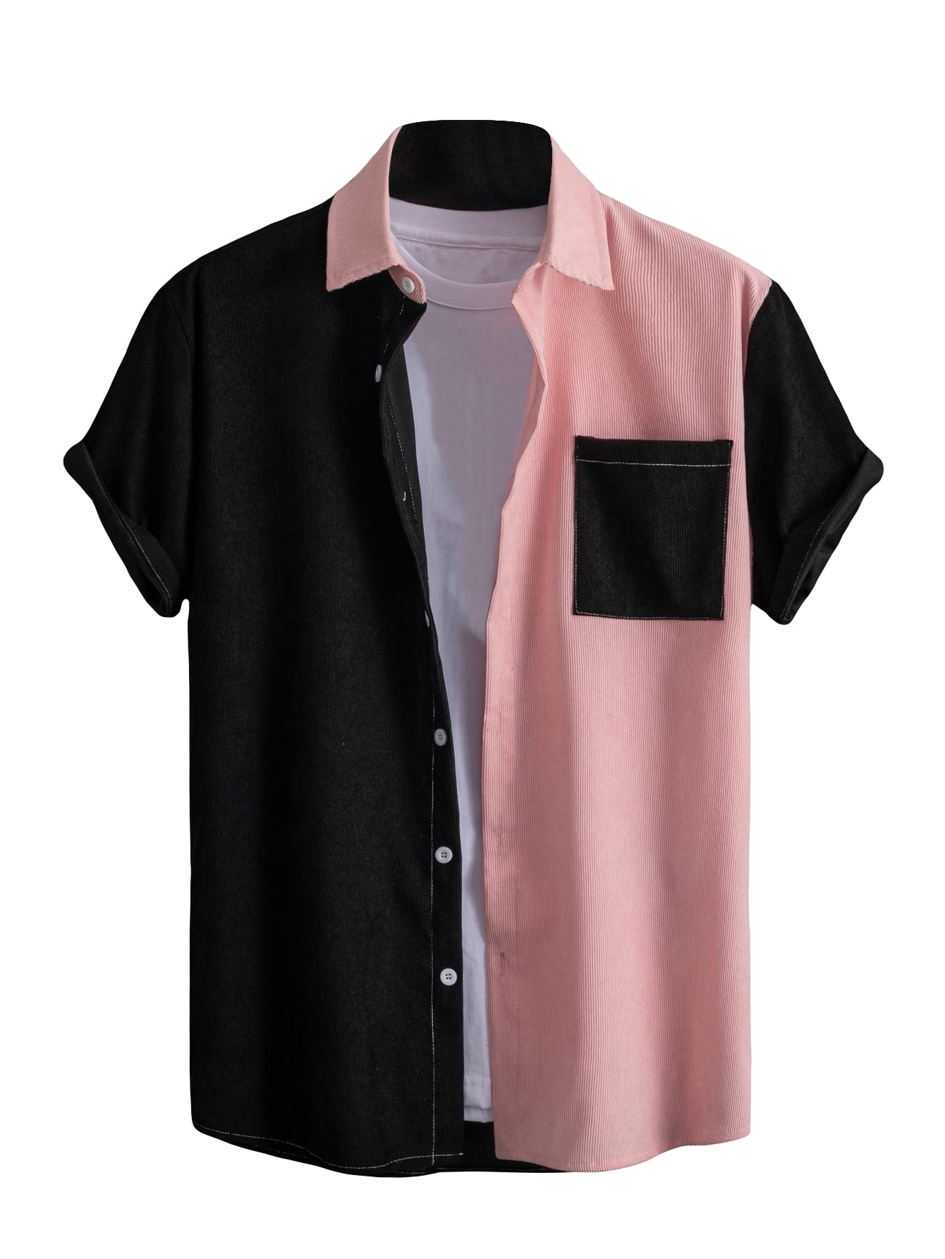 Milumia Men's Casual Button Up Shirt Pocket Short Sleeve Colorblock Blouse Tops Pink and Black Large