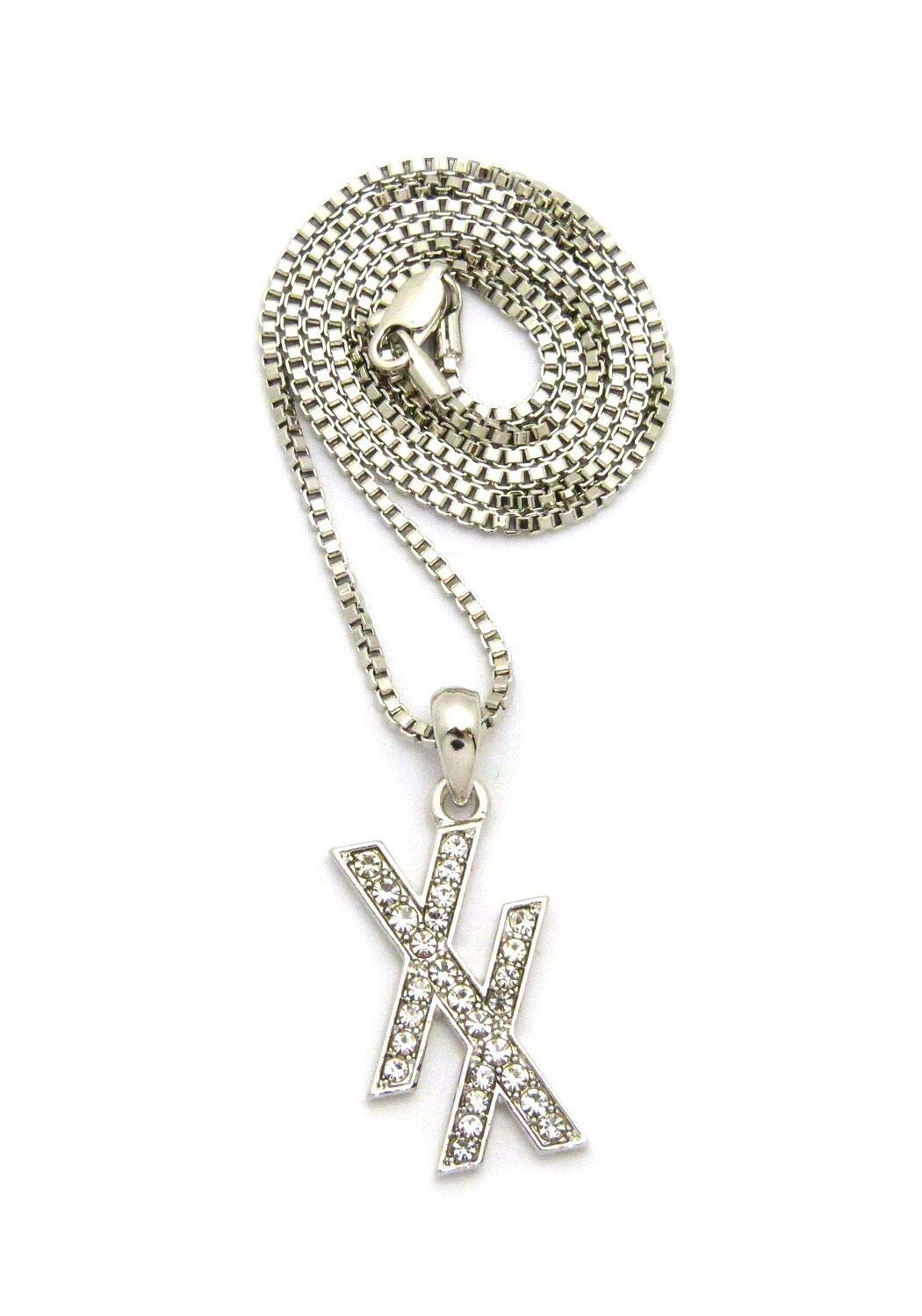 BLINGFACTORY WHITE GOLD PT ICED MGK XX PENDANT & 2mm 18" 20" 24" BOX CHAIN HIP HOP NECKLACE (18" CHAIN)