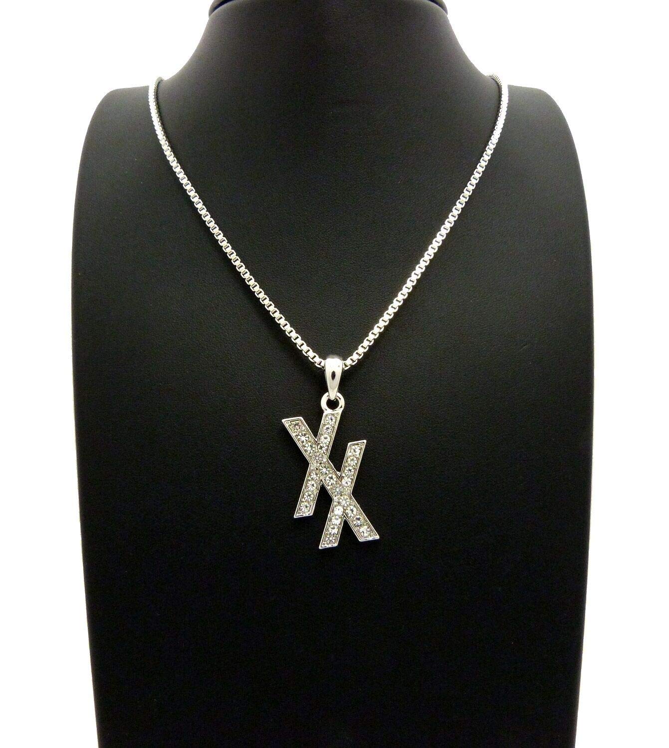 BLINGFACTORY WHITE GOLD PT ICED MGK XX PENDANT & 2mm 18" 20" 24" BOX CHAIN HIP HOP NECKLACE (18" CHAIN)
