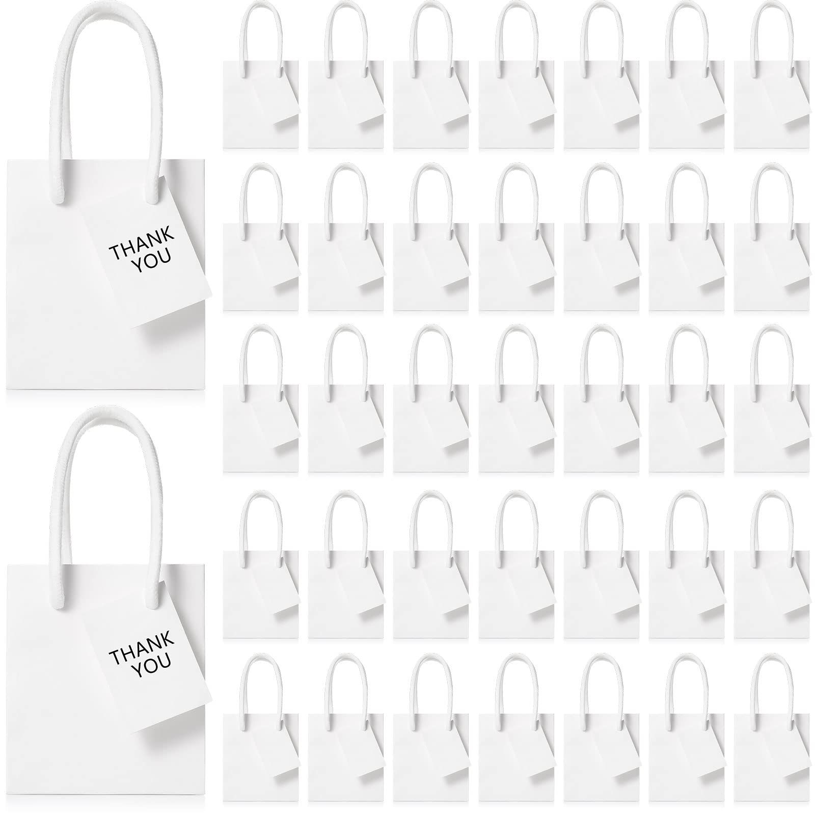 Zhehao 50 Pack Mini Gift Bags, 4x2.75 X4.5 Inches White Paper Bags with Gift Tags, Extra Small White Paper Gift Bags with Handles for Birthday Gifts, Party Favors, Weddings, Baby Showers