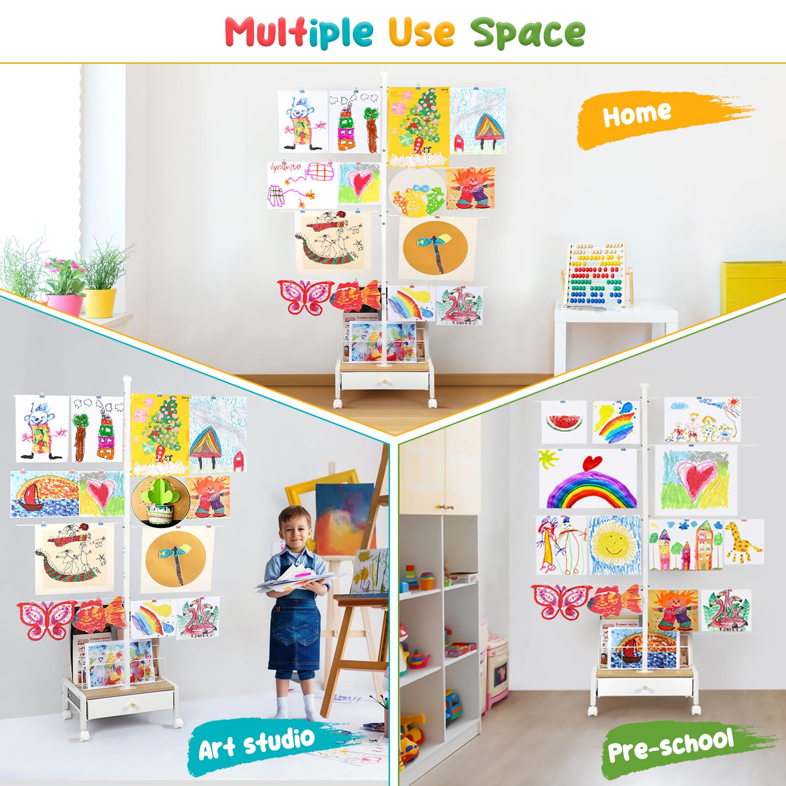 Bikoney Art Display for Kids Artwork-(30 Clips -Total 12ft Wire)-Kids Art Display-Art Drying Rack-Floor Picture Hanging System Kit for Drawing/Photo/Card/Picture Collage Display