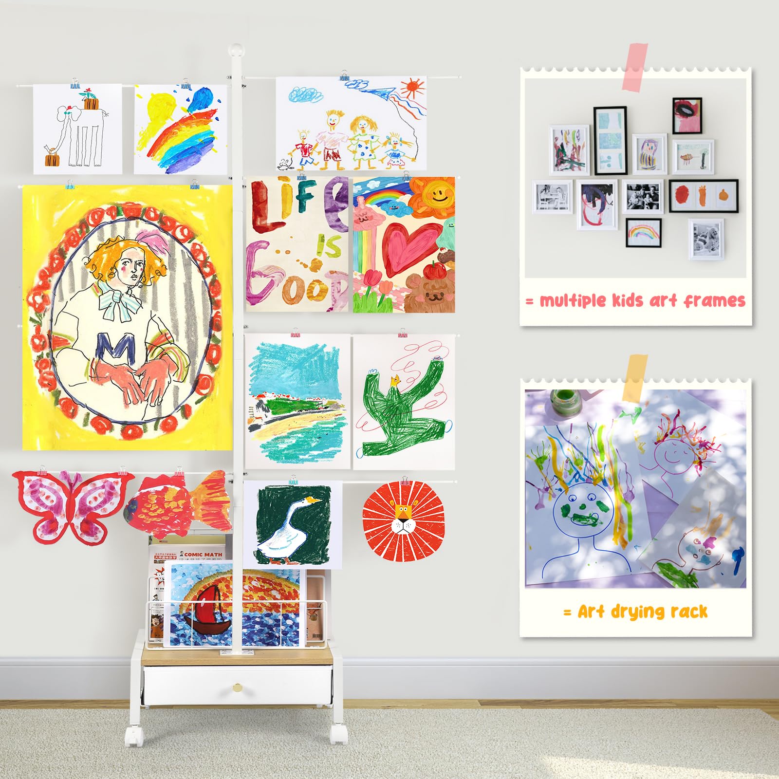 Bikoney Art Display for Kids Artwork-(30 Clips -Total 12ft Wire)-Kids Art Display-Art Drying Rack-Floor Picture Hanging System Kit for Drawing/Photo/Card/Picture Collage Display