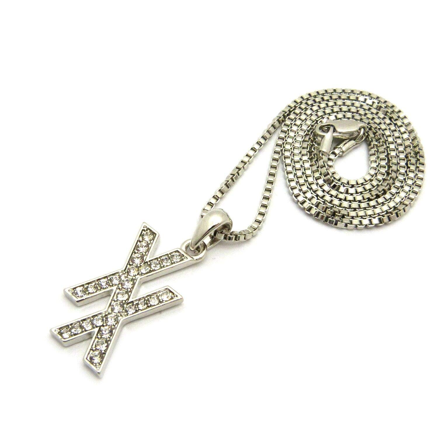 BLINGFACTORY WHITE GOLD PT ICED MGK XX PENDANT & 2mm 18" 20" 24" BOX CHAIN HIP HOP NECKLACE (18" CHAIN)